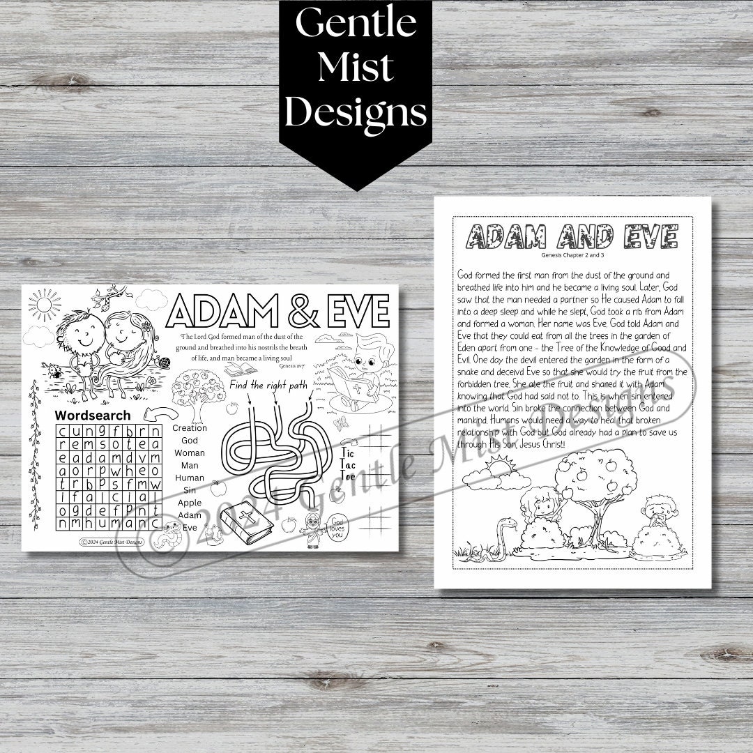 ADAM & EVE Bible Story and Activity Sheet for Kids. Church Sunday ...