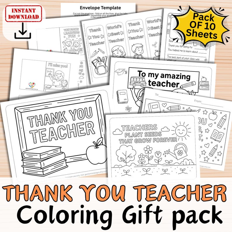 Thank You Teacher Coloring Gift Pack – Printable End of School Year ...