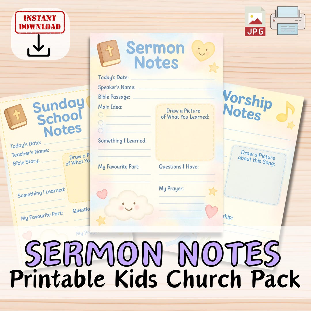 CUTE SERMON NOTES for Kids Printable Church Set Sunday School Notes ...
