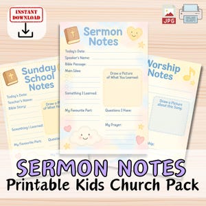 CUTE SERMON NOTES for Kids Printable Church Set Sunday School Notes ...