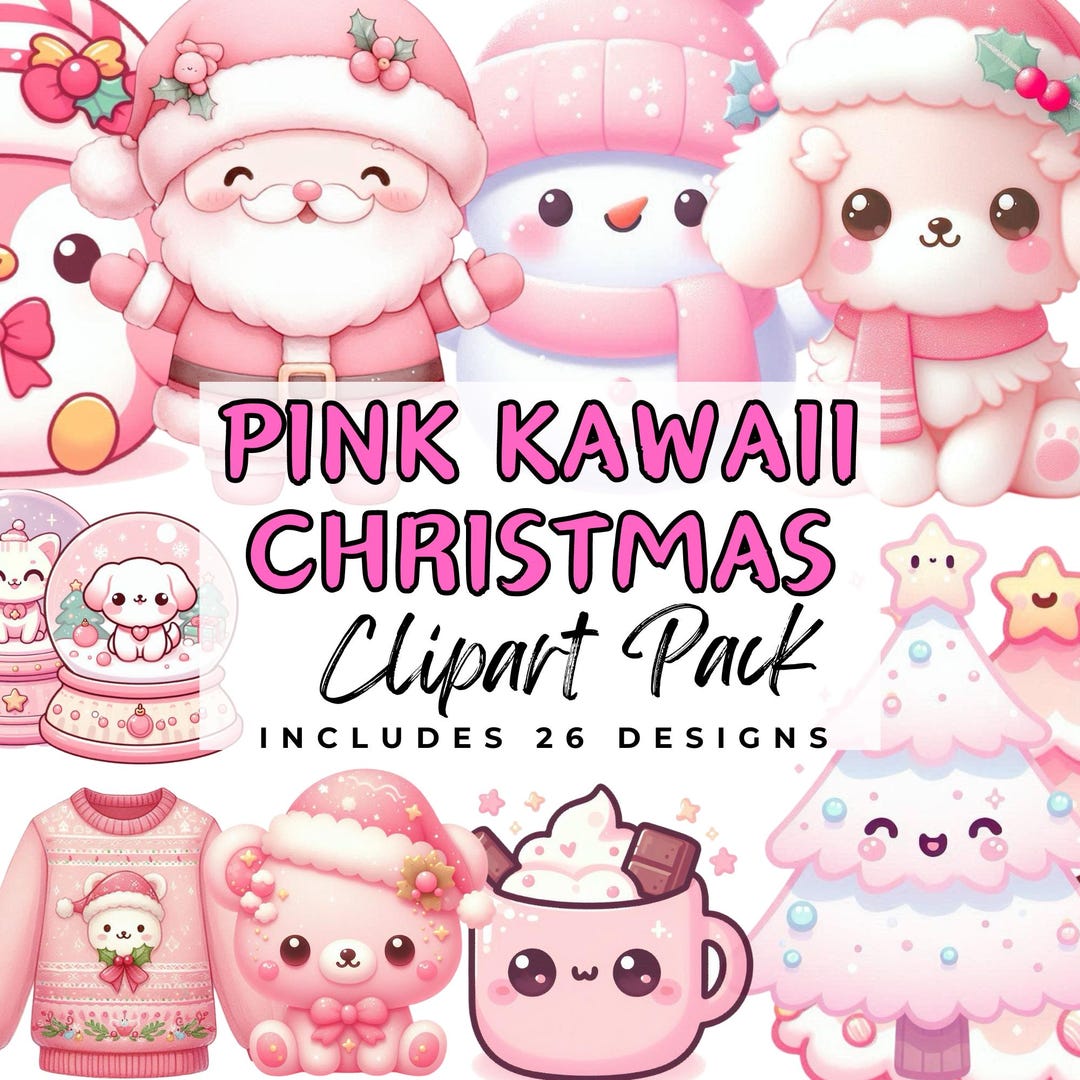 PINK KAWAII Christmas Clipart Pack. Pastel Junk Journal Card Making ...