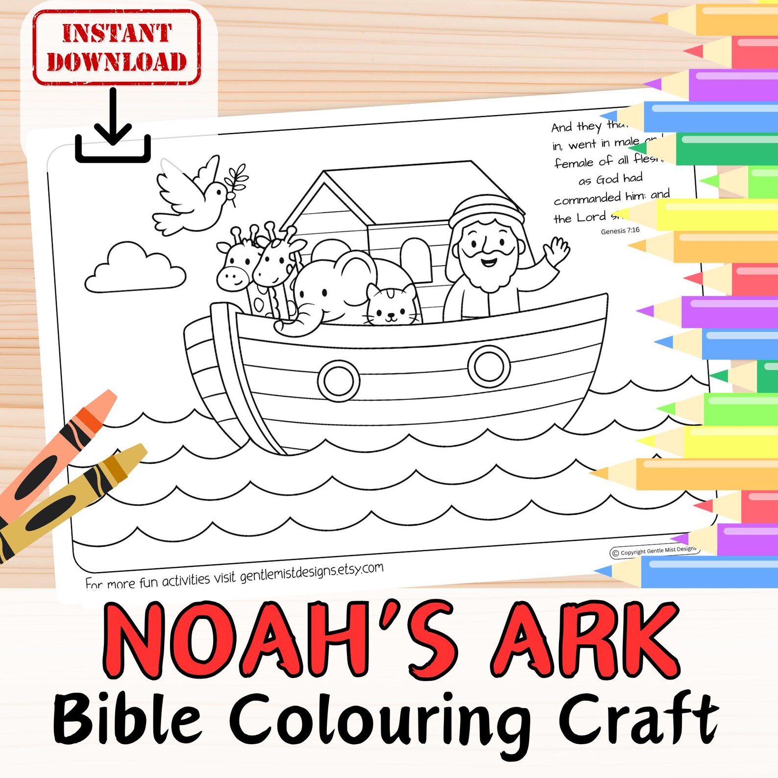 NOAH’S ARK Bible Verse Coloring in Sheet Activity for Kids Youth Sunday ...