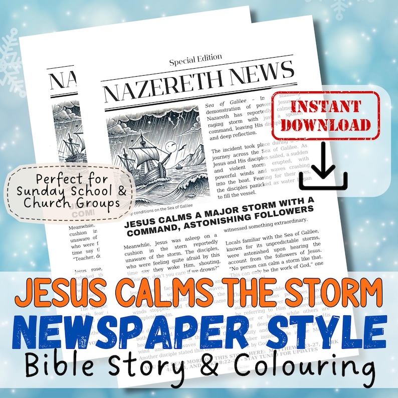 JESUS CALMS the STORM Newspaper Style Bible Story and Colouring Sheet ...