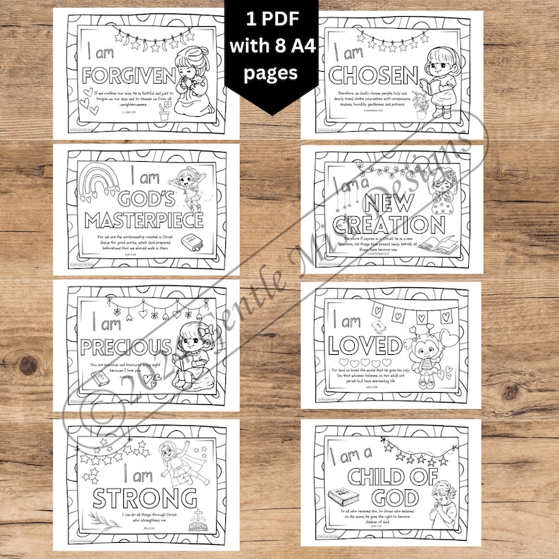 8 X GIRLS Bible Verse AFFIRMATION Colouring Pages. Identity in Christ ...