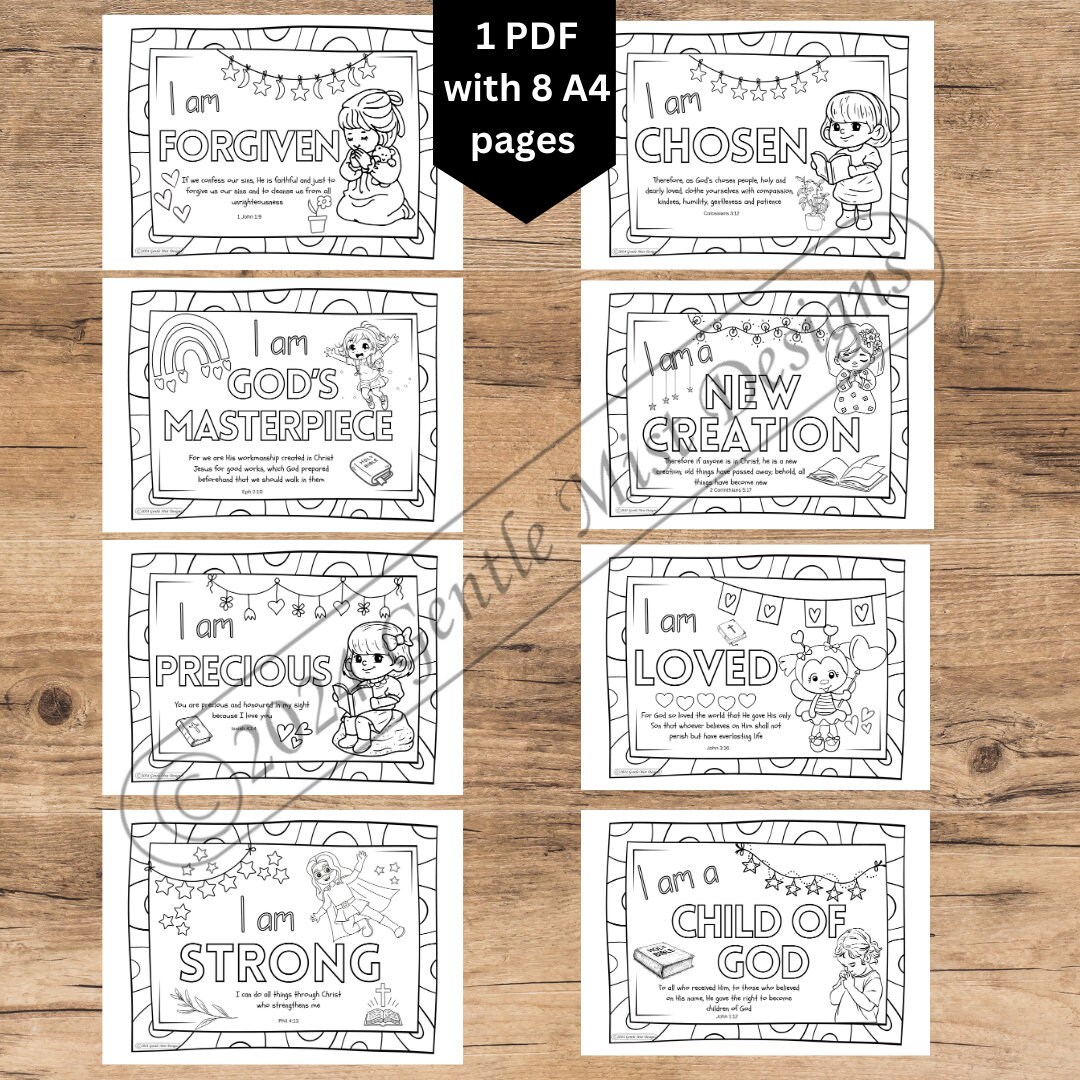 8 X GIRLS Bible Verse AFFIRMATION Colouring Pages. Identity in Christ ...