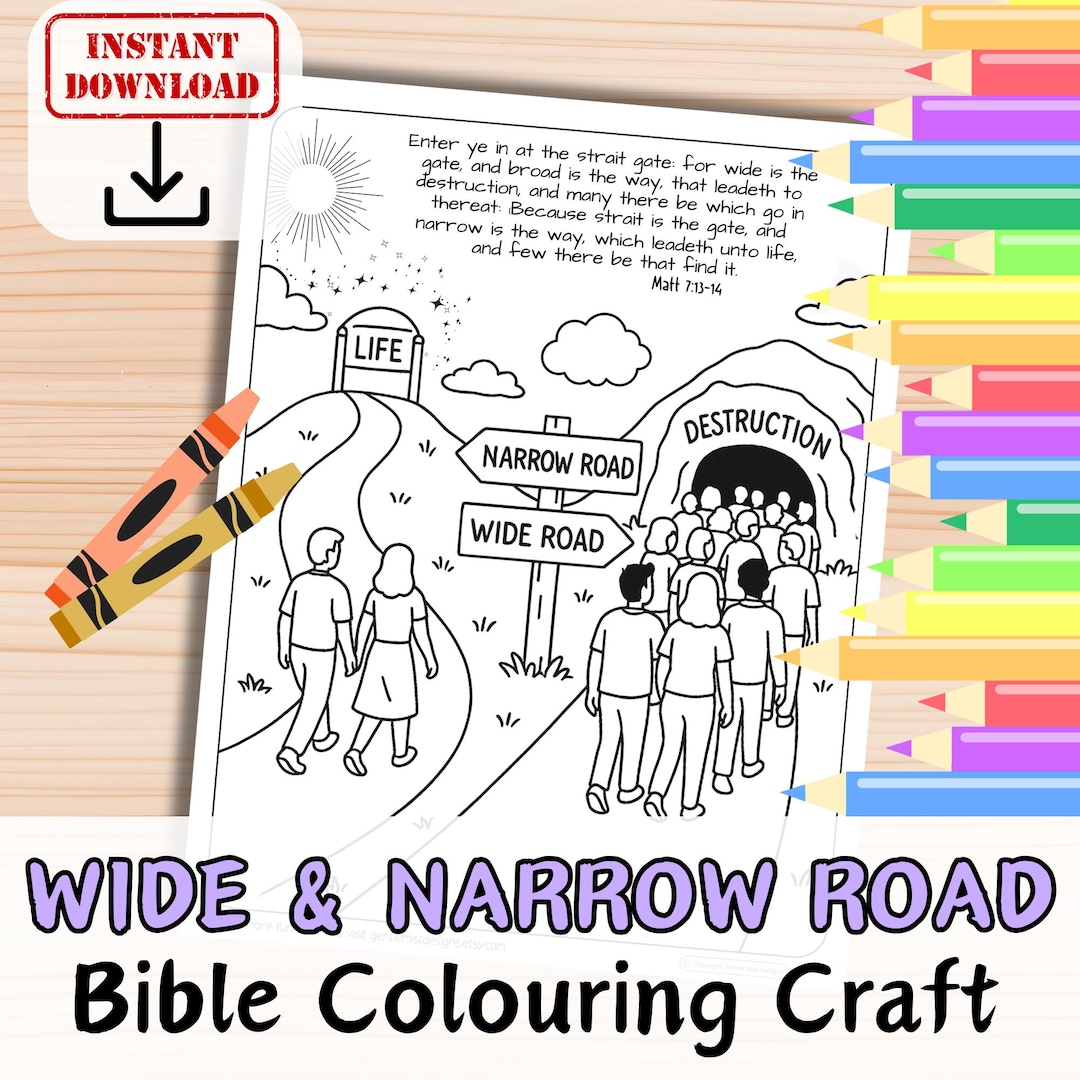 WIDE & NARROW Road KJV Bible Verse Coloring Page Craft. Gospel ...