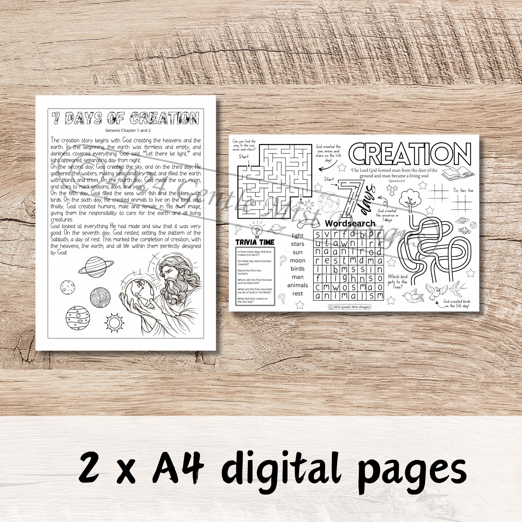 7 DAYS of CREATION Bible Story and Activity Sheet for Kids. Church ...