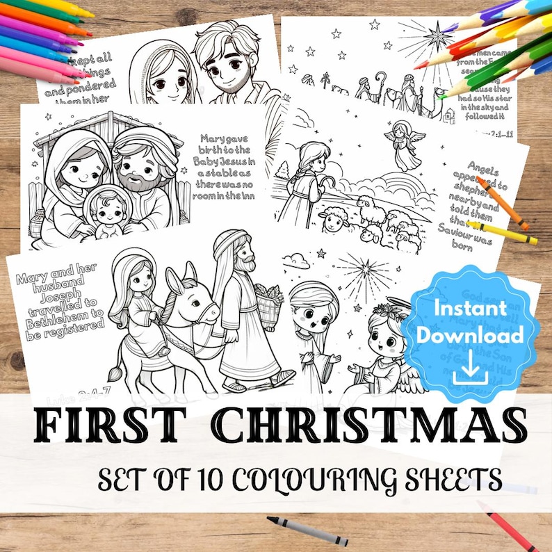 10 X NATIVITY FIRST CHRISTMAS With Bible Verse Colouring Pages. Sunday ...