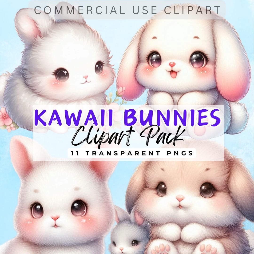 KAWAII BUNNIES Clipart Pack. Cute Pet Rabbits Junk Journal Card Making ...