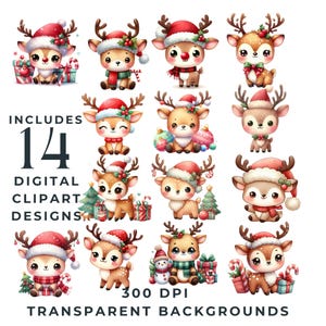 KAWAII REINDEER Christmas Clipart Pack. Junk Journal Card Making High ...