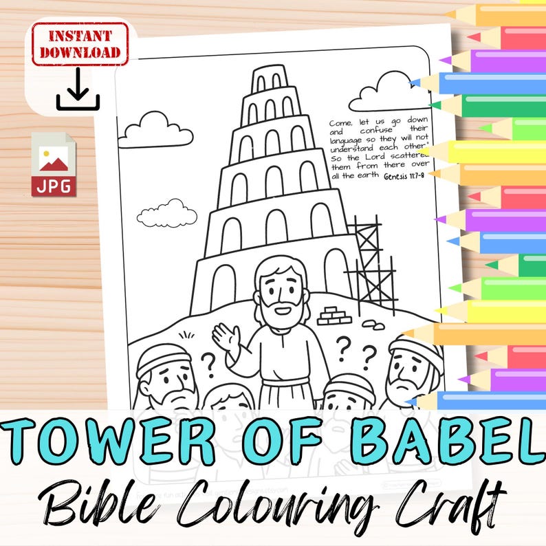 THE TOWER of BABEL Bible Verse Colouring Sheet Activity for Kids, Youth ...