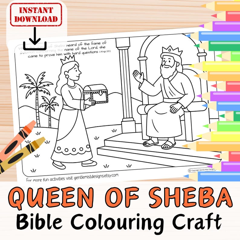 QUEEN of SHEBA & King SOLOMON Bible Verse Coloring in Sheet Activity ...