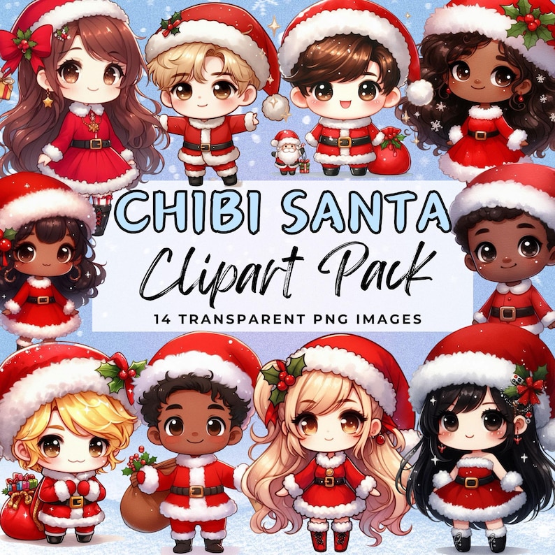 CHIBI SANTA Christmas Clipart Pack. Anime Kids Junk Journal Card Making ...