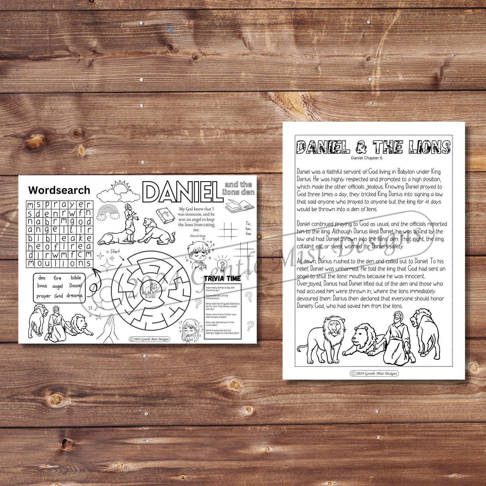 DANIEL & the LIONS DEN Bible Story and Activity Sheet for Kids. Church ...