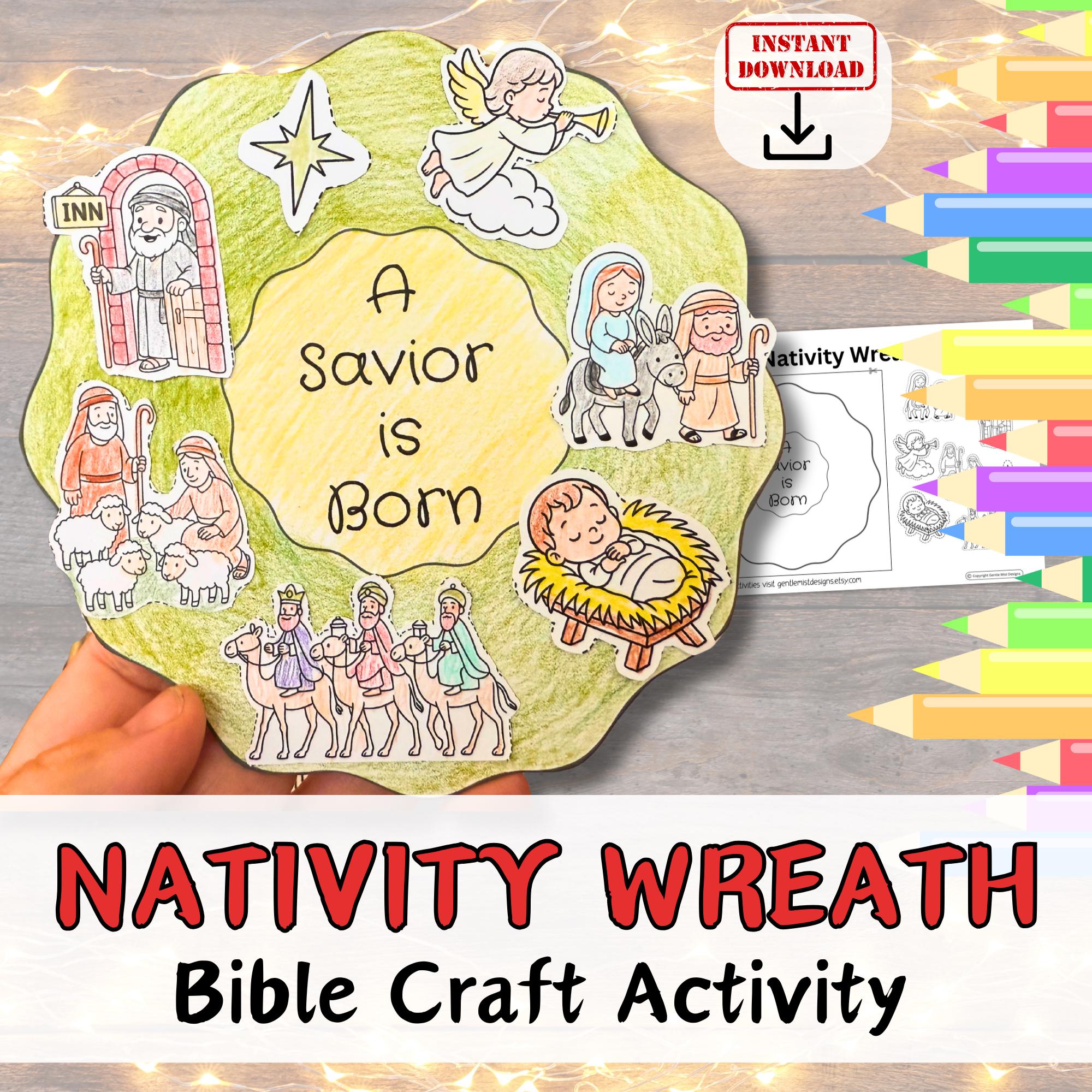 NATIVITY CHRISTMAS WREATH Craft Activity for Kids. Bible Faith Based ...