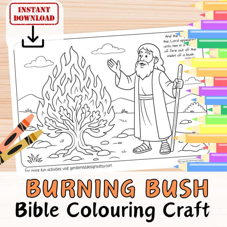 MOSES & the BURNING BUSH Bible Verse Coloring in Sheet Activity for ...