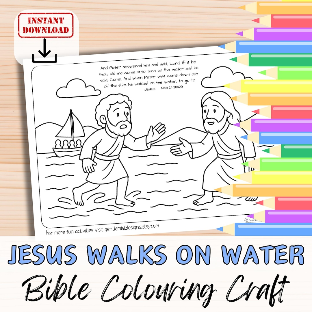JESUS & PETER Walk on WATER Bible Verse Coloring in Sheet Activity for ...