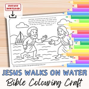 JESUS & PETER Walk on WATER Bible Verse Coloring in Sheet Activity for ...