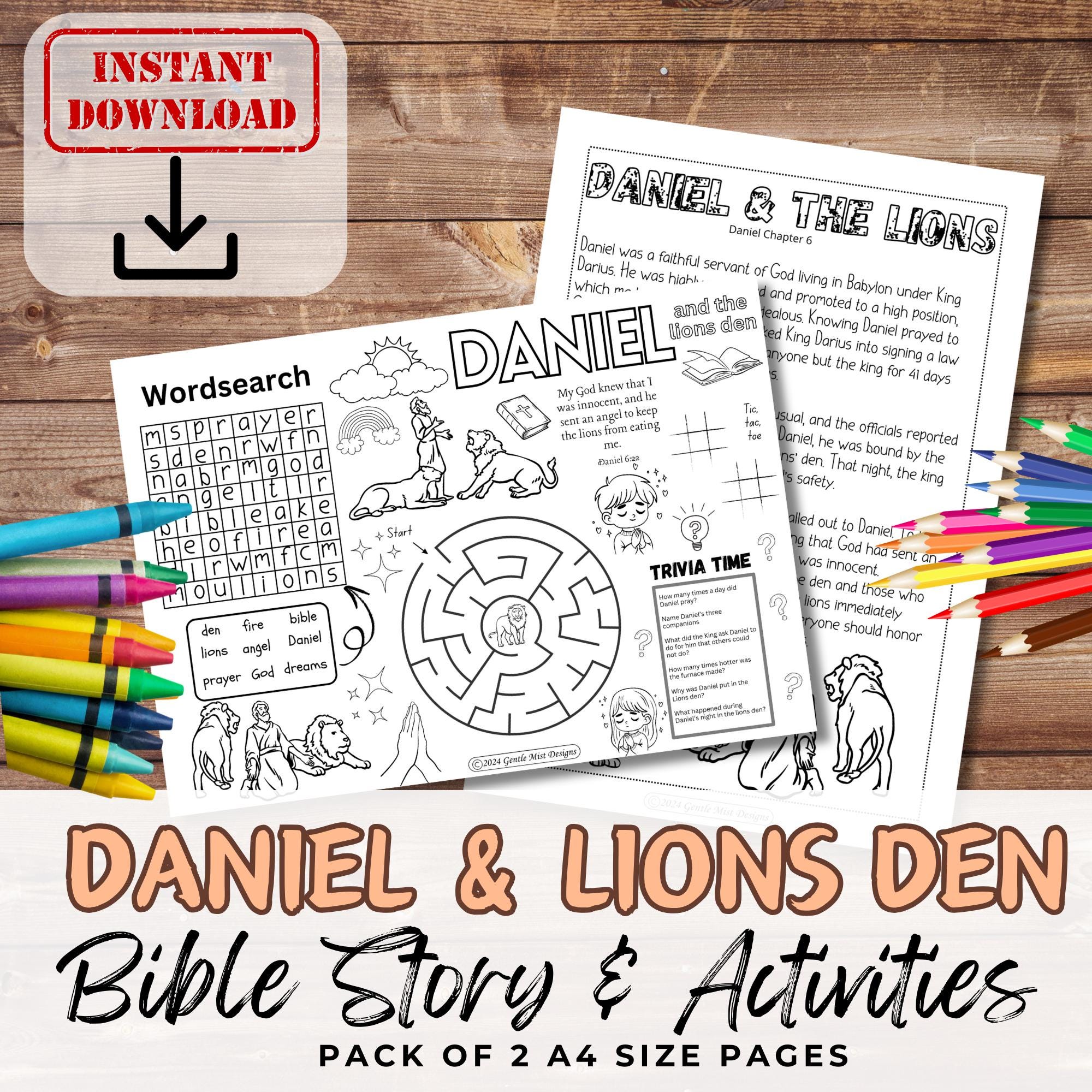 DANIEL & the LIONS DEN Bible Story and Activity Sheet for Kids. Church ...
