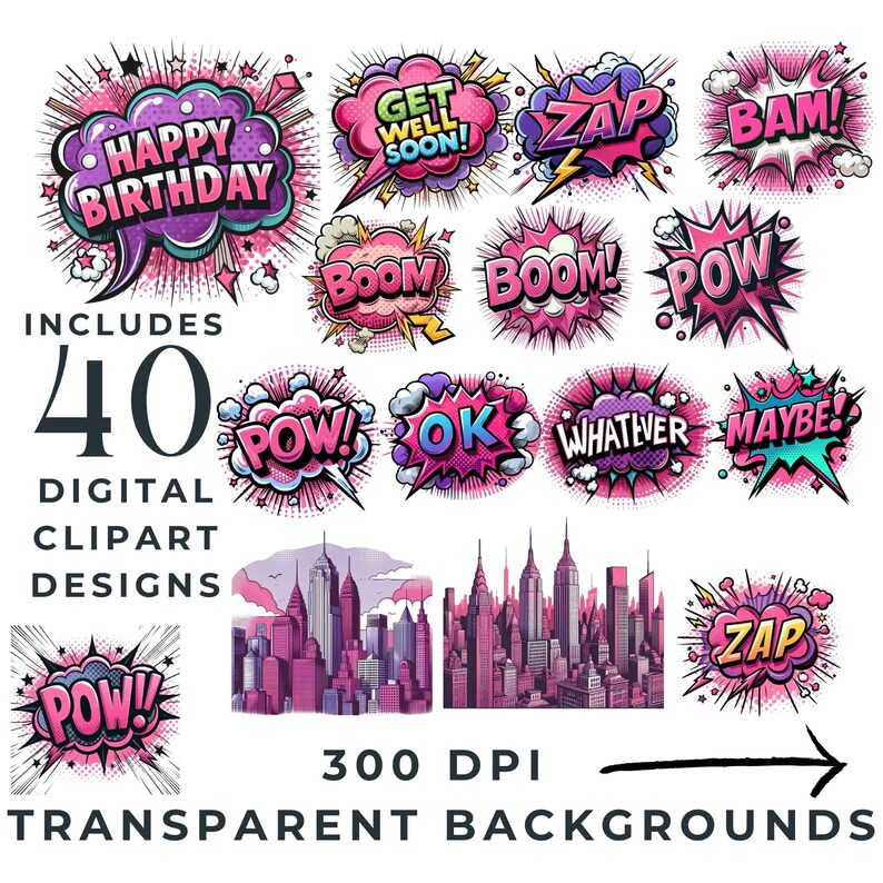 Girls Superhero COMIC BOOK Speech Bubbles & Sayings Clipart. Card ...