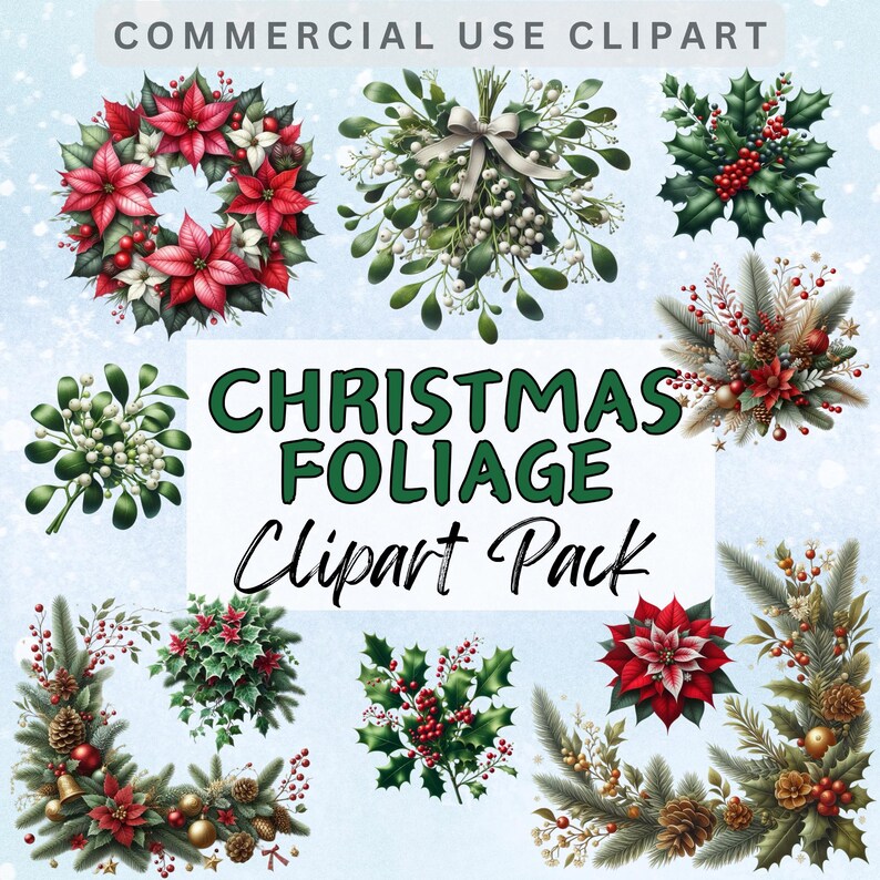 CHRISTMAS FOLIAGE & WREATHS Clipart Pack. Winter Junk Journal Card ...