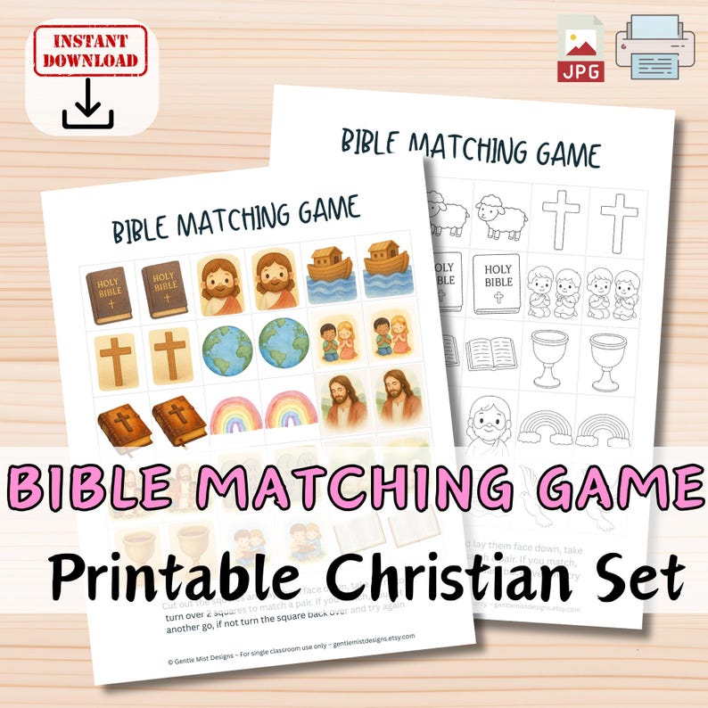 Bible Matching Game Printable | Christian Memory Game for Kids | Color ...