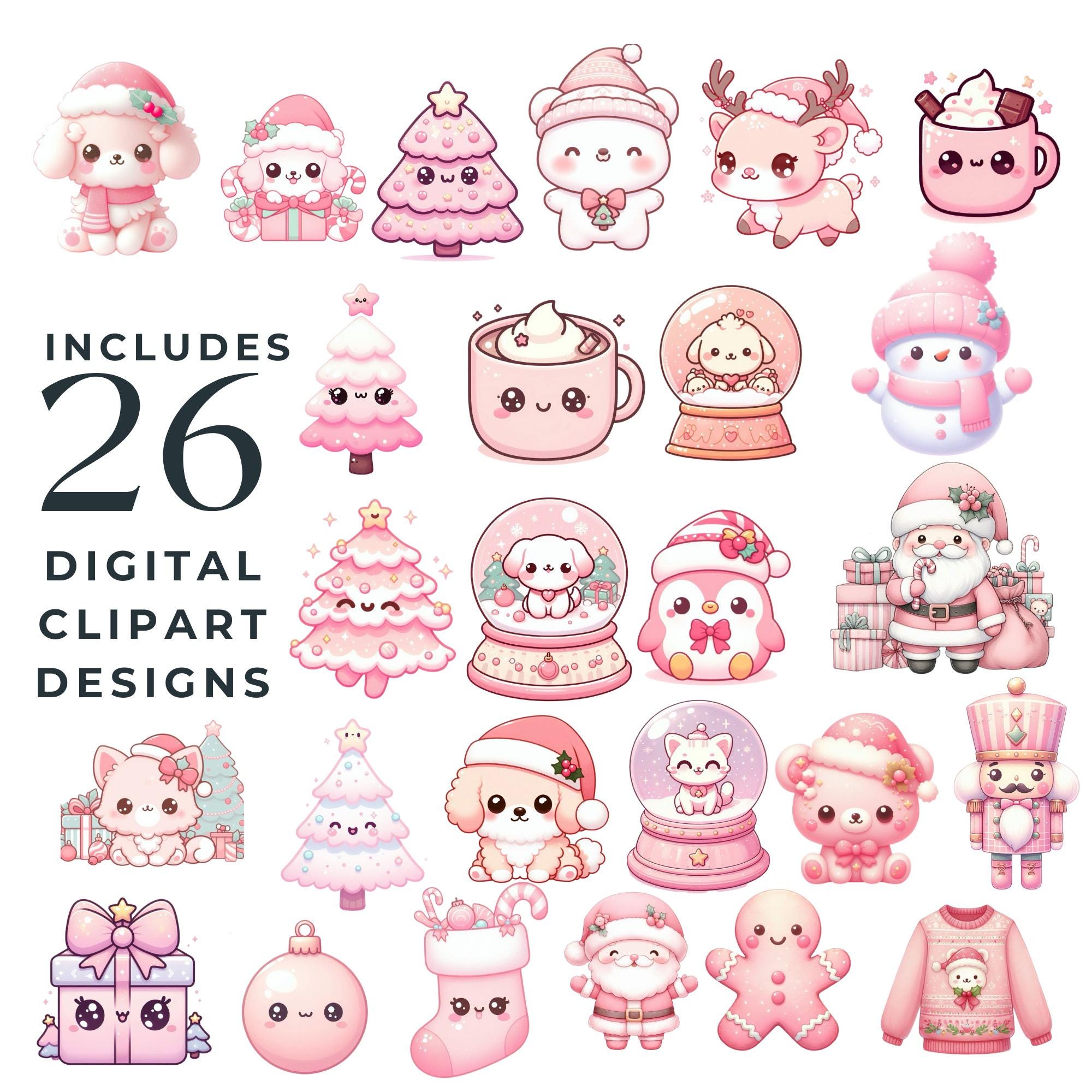 PINK KAWAII Christmas Clipart Pack. Pastel Junk Journal Card Making ...
