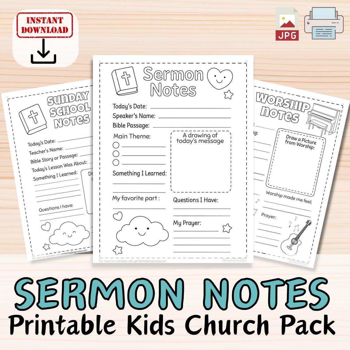 CUTE SERMON NOTES for Kids Printable Church Set Sunday School Notes ...