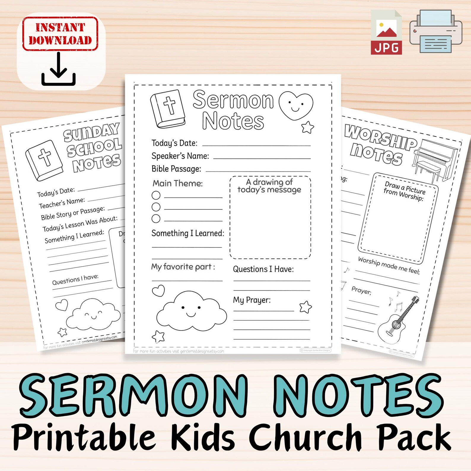 CUTE SERMON NOTES for Kids Printable Church Set Sunday School Notes ...