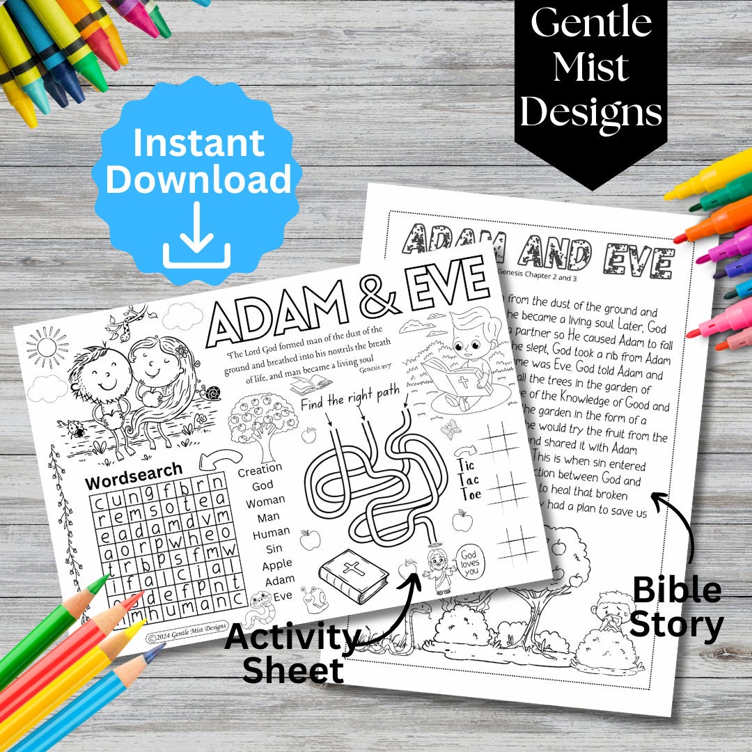 ADAM & EVE Bible Story and Activity Sheet for Kids. Church Sunday ...