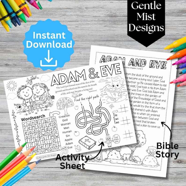 ADAM & EVE Bible Story and Activity Sheet for Kids. Church Sunday ...