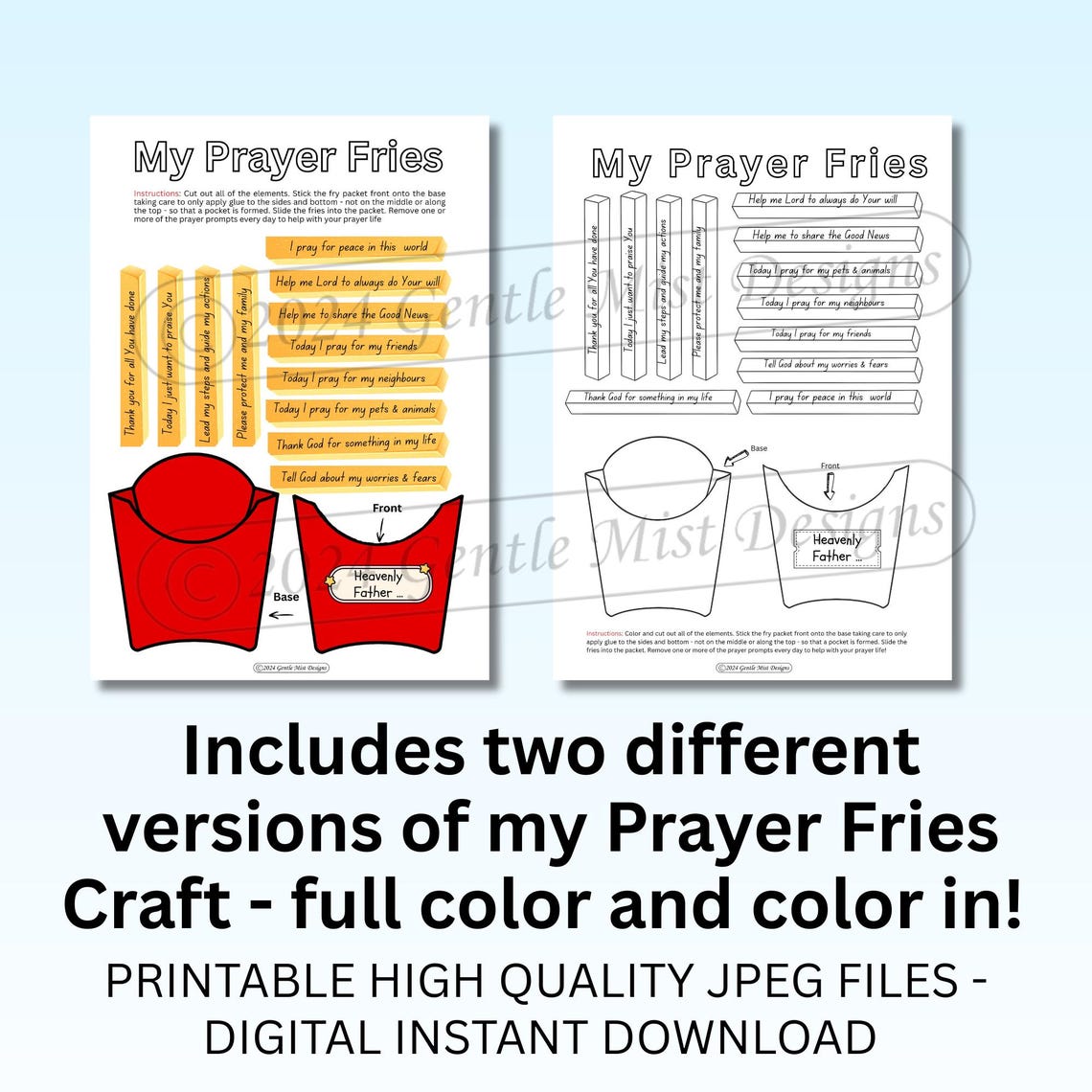 PRAYER FRIES BUNDLE Bible Craft for Kids. Printable Color + Outline ...