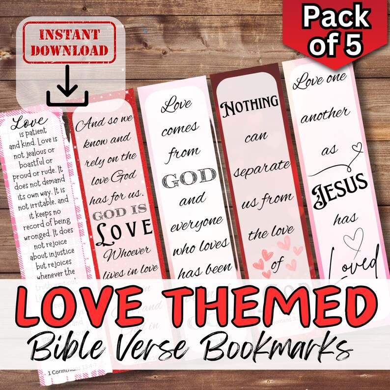 VALENTINE BIBLE VERSE Bookmarks Set of 5 Love Themed Page Markers ...