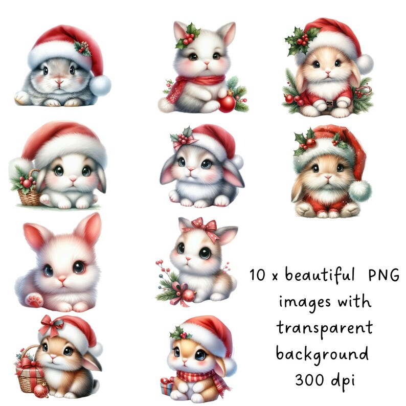 Cute Christmas Bunnies Clipart Pack. Junk Journal Card Making High ...