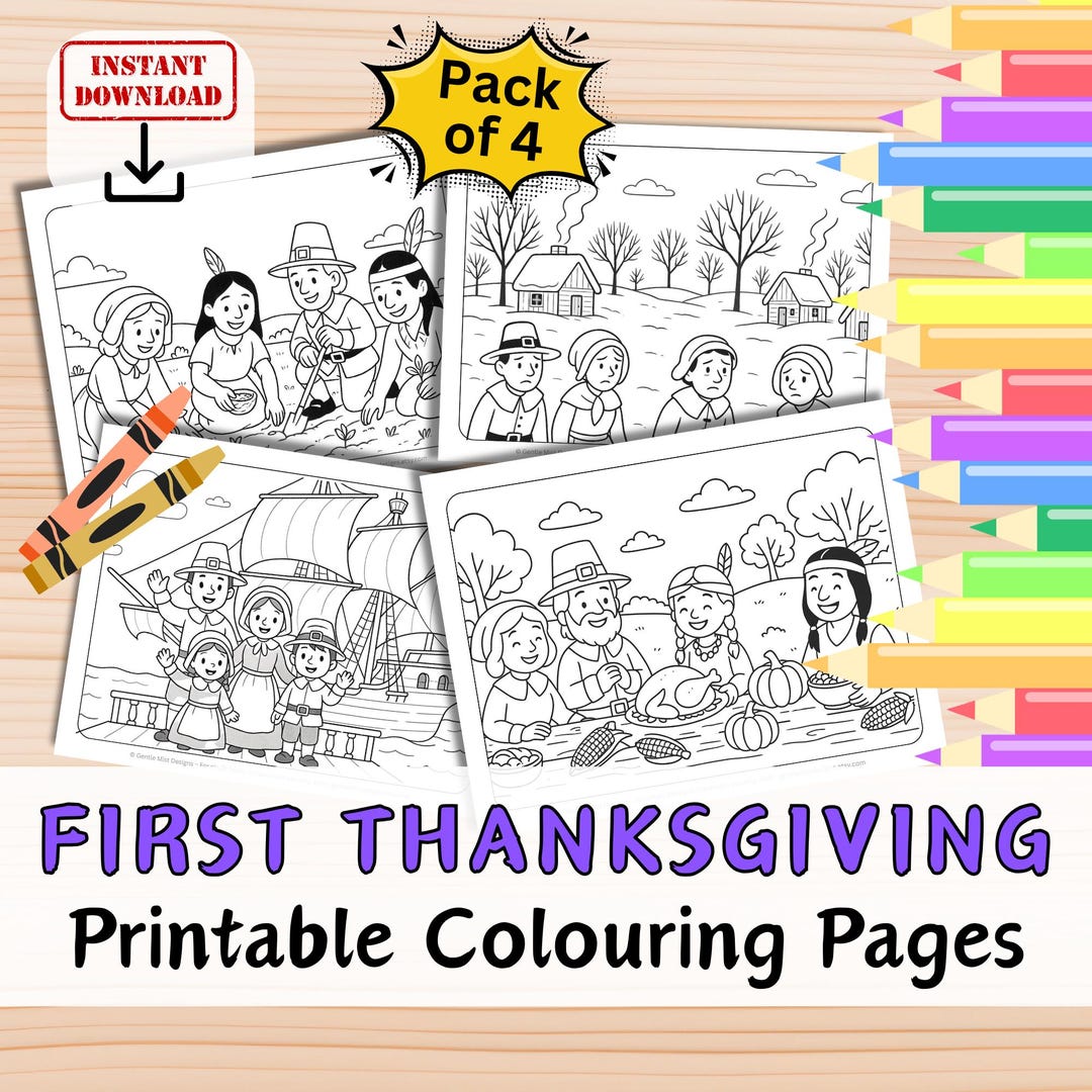 FIRST THANKSGIVING PILGRIMS Coloring in Sheets Set of 4 - Activity for ...