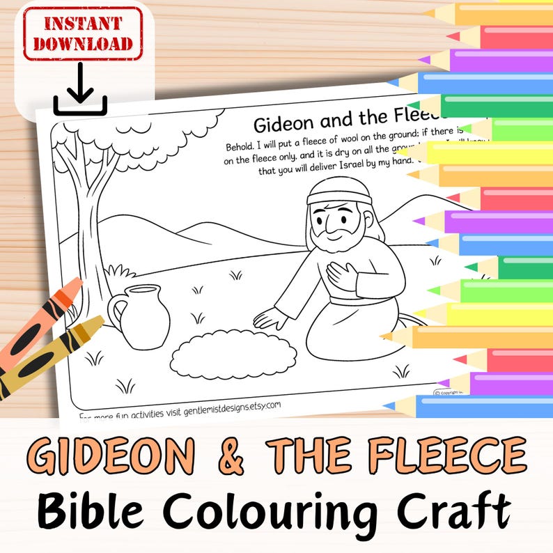 GIDEON & THE FLEECE Bible Verse Coloring in Sheet Activity for Kids, Youth. Sunday School ...