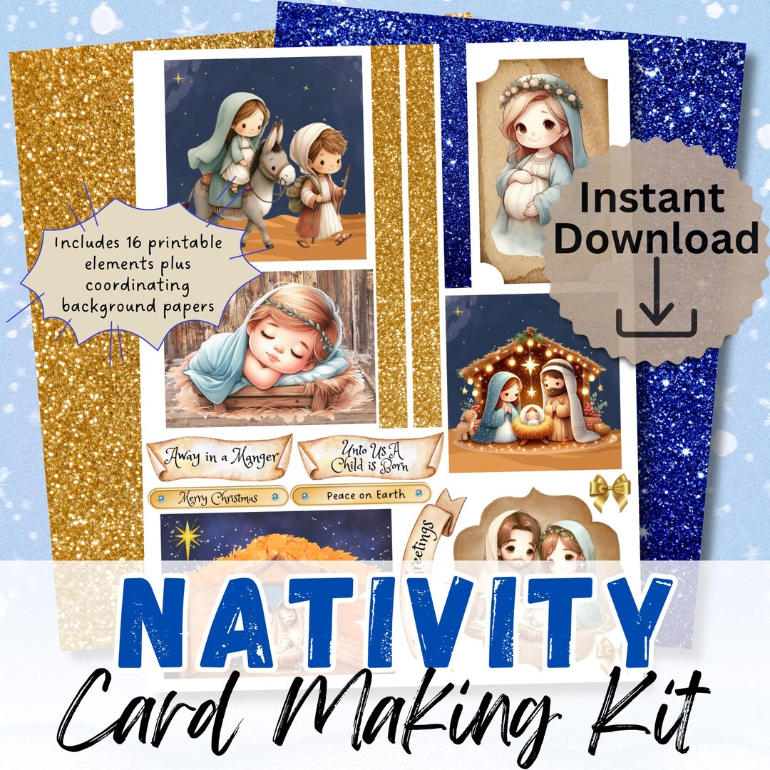 Printable CHRISTMAS NATIVITY Card Making KIT Toppers, Words & Papers ...