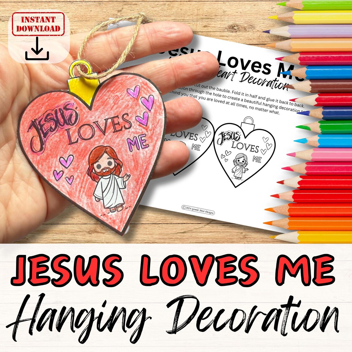 JESUS LOVES ME Hanging Heart Bauble Decoration - Bible Paper Craft for ...