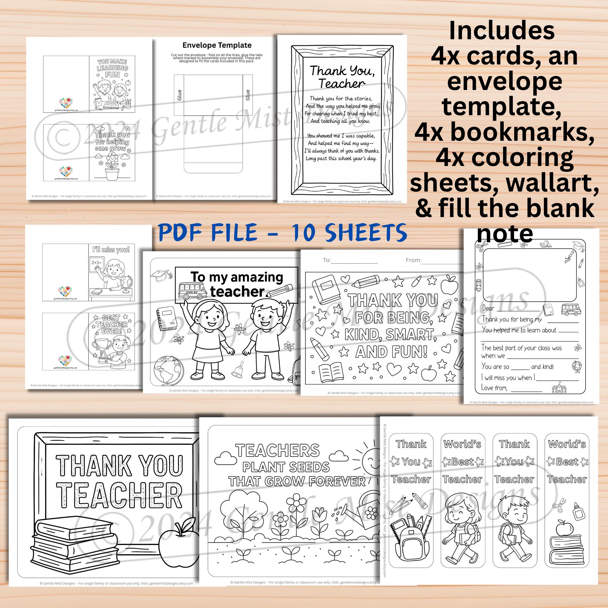 Thank You Teacher Coloring Gift Pack – Printable End of School Year ...