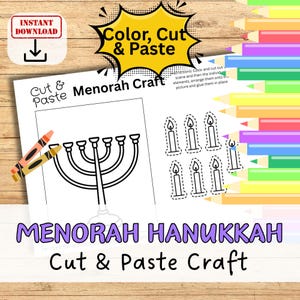 MENORAH LAMPSTAND HANUKKAH Cut & Paste Craft Activity for Kids. Jewish ...