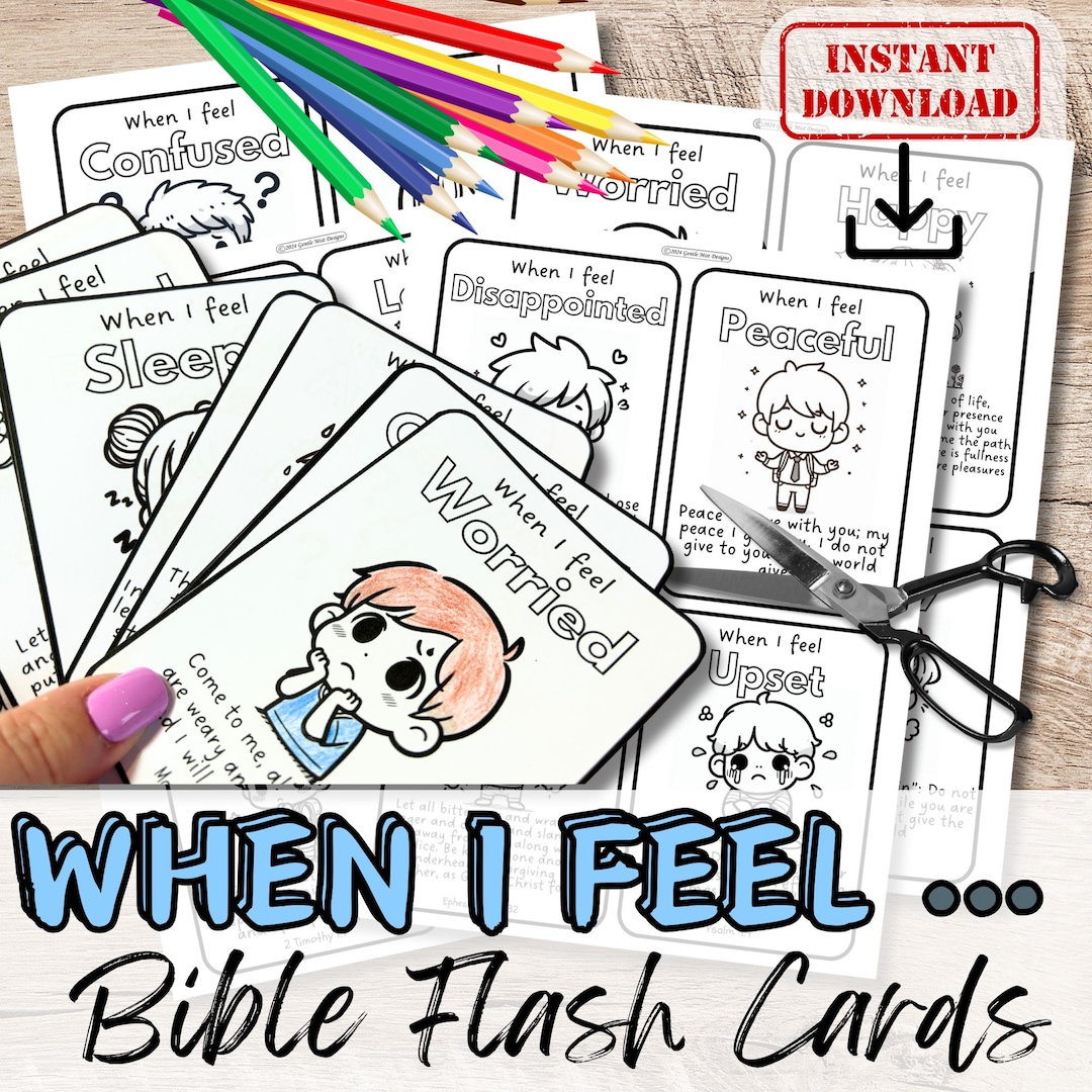 GOD CARES How I Feel Flash Cards Emotions Based Bible Verse Colouring ...
