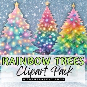 RAINBOW Christmas TREES Clipart Pack. Junk Journal Card Making High ...