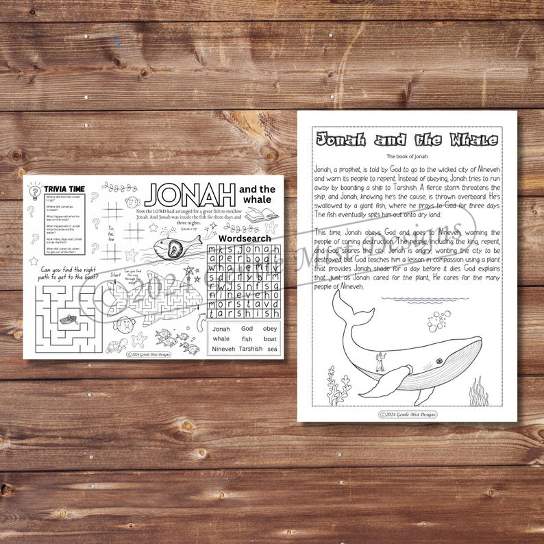 JONAH & the WHALE Bible Story and Activity Sheet for Kids. Church ...