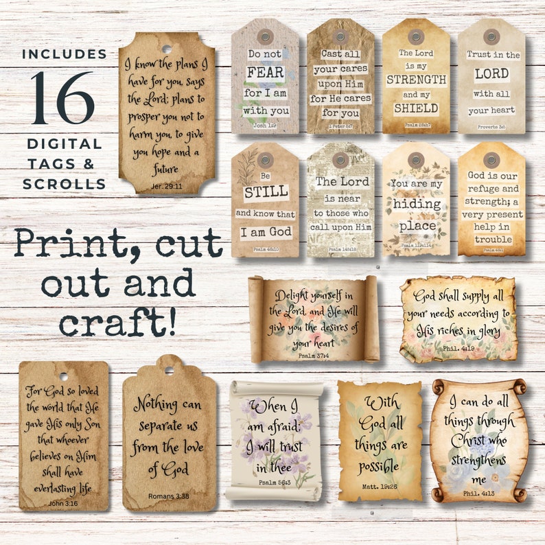 BIBLE VERSE Tags & Scrolls Ephemera Clipart. Junk Journal Graphics ...