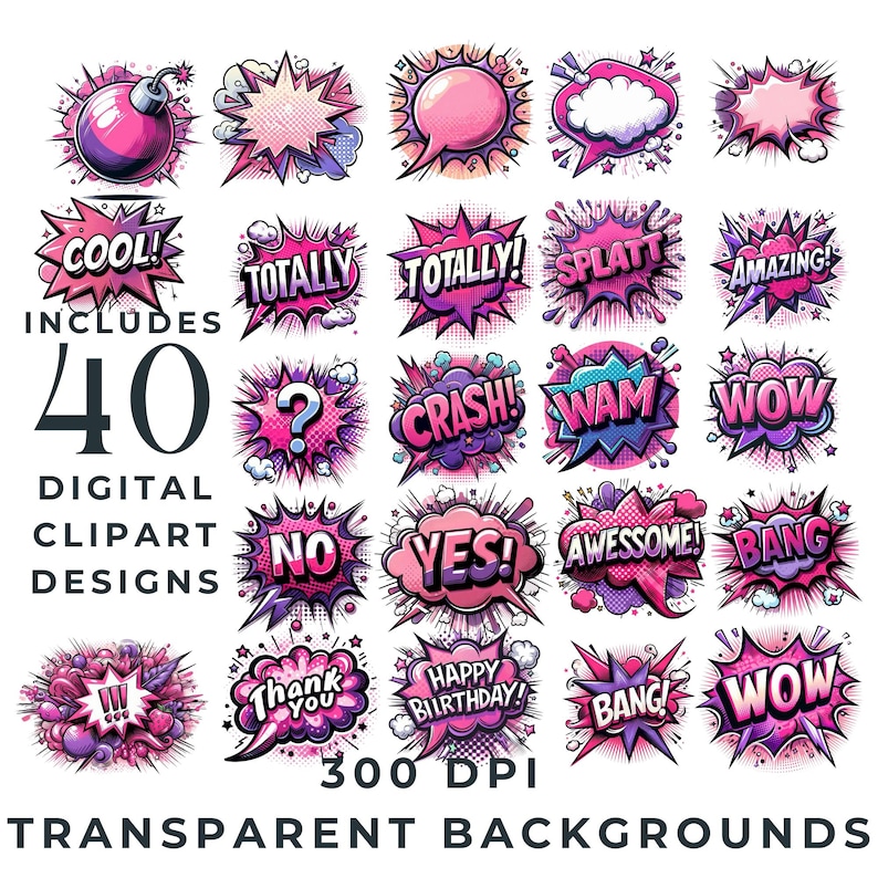 Girls Superhero COMIC BOOK Speech Bubbles & Sayings Clipart. Card ...