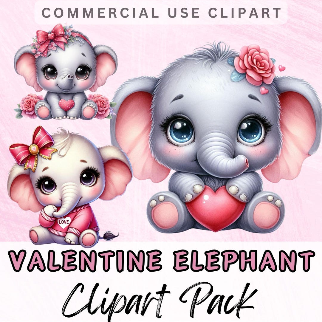 CUTE VALENTINE ELEPHANT Clipart Pack. Kawaii Craft Junk Journal Card ...