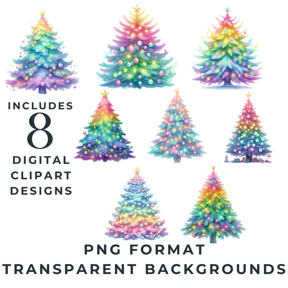 RAINBOW Christmas TREES Clipart Pack. Junk Journal Card Making High ...