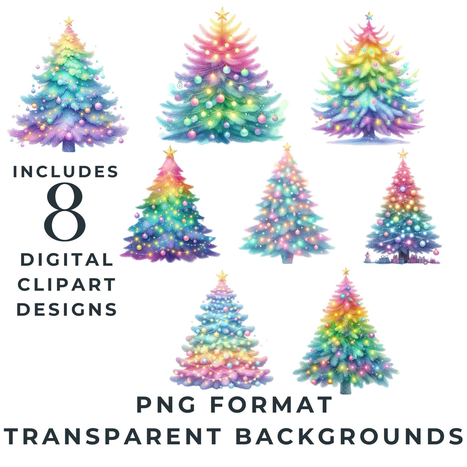 RAINBOW Christmas TREES Clipart Pack. Junk Journal Card Making High ...