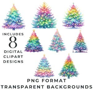 RAINBOW Christmas TREES Clipart Pack. Junk Journal Card Making High ...