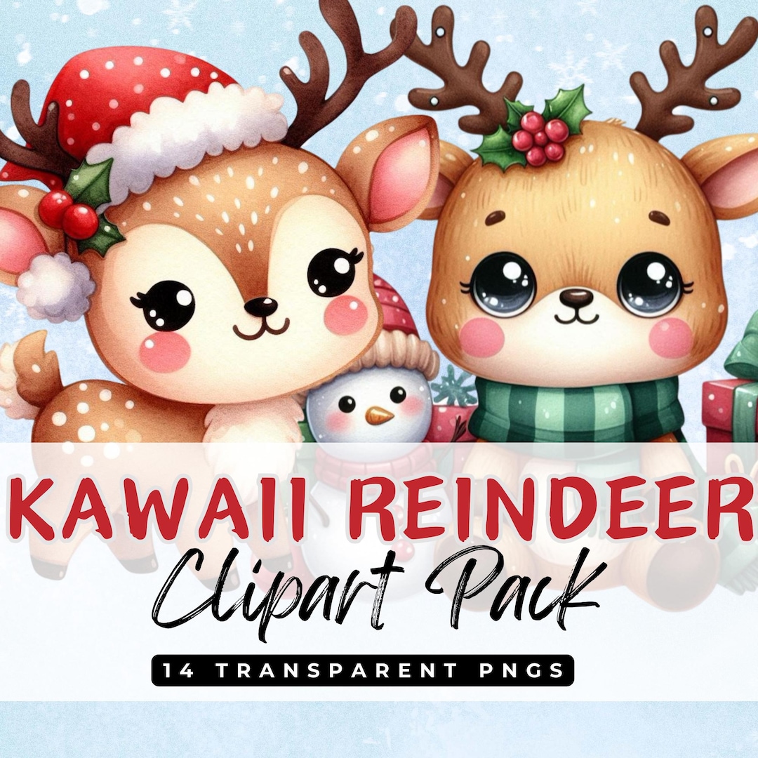 KAWAII REINDEER Christmas Clipart Pack. Junk Journal Card Making High ...